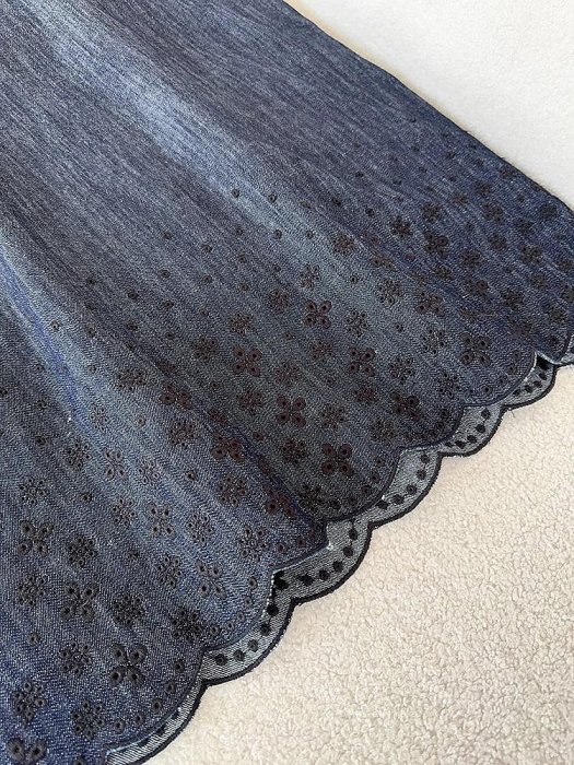 法式深藍棉麻刺繡蕾絲花瓣下擺中長過膝洋裝疊穿罩衫~預購 M ~ XL SIZE | Yahoo拍賣