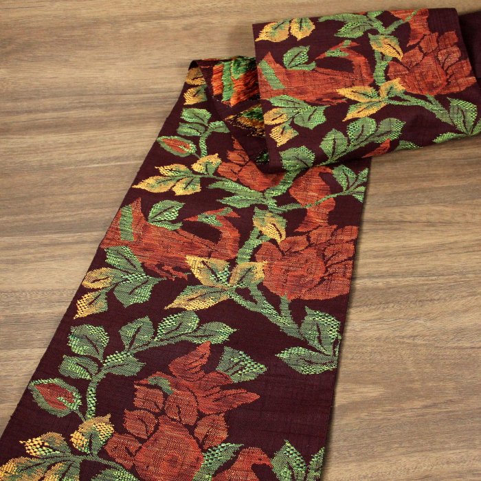 【桑園の】日本 高級布料356公分 棕色刺繡花鳥紋 名古屋帶 腰封 和服腰帶 茶席 K 5032 | Yahoo拍賣