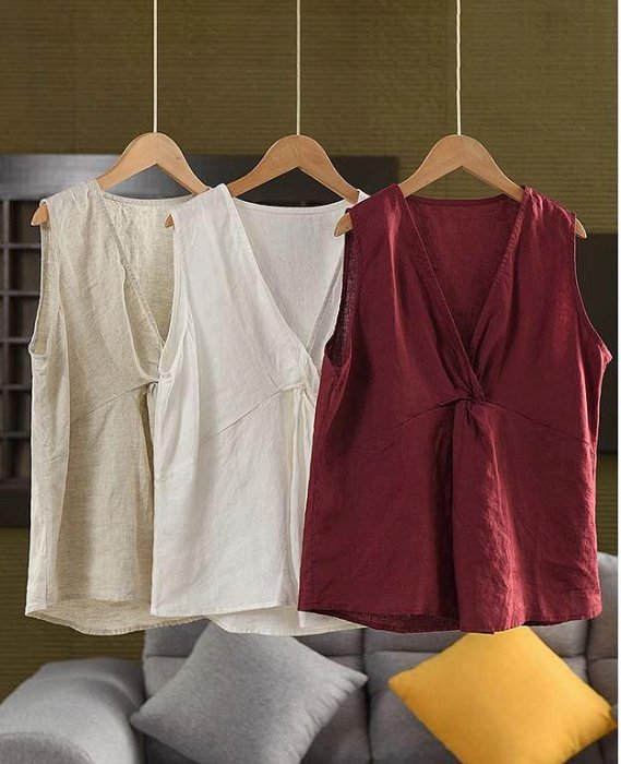 【木棉衣舖】復古砂洗亞麻無袖背心-0615 | Yahoo拍賣
