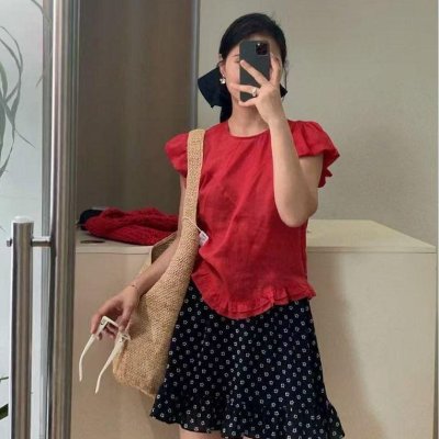 【木棉衣舖】韓版寬鬆泡泡袖木耳邊亞麻T恤-0723 | Yahoo拍賣