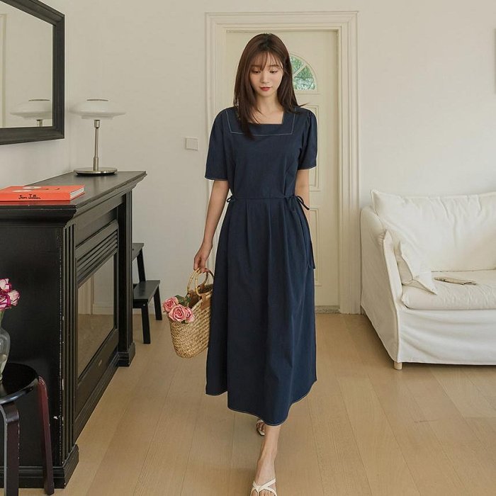 E現貨深藍*1 Bellee 正韓 優雅方領綁帶公主袖洋裝 (3色) 【0411-102】 | Yahoo拍賣