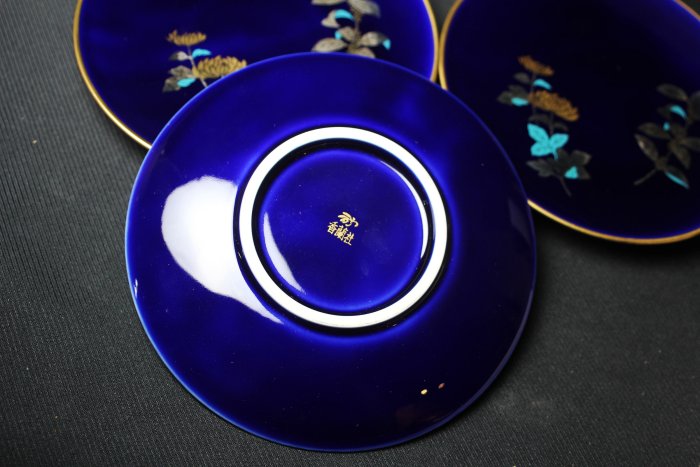 【桑園の】日本 香蘭社 高級 經典 琉璃藍 金銀松石綠 雙花繪 菓子皿 點心盤 盤子 5客 Q 9308 | Yahoo拍賣