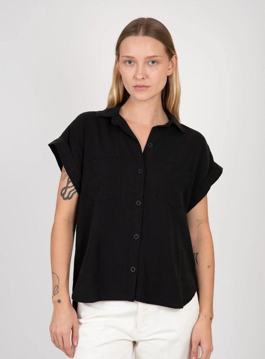 全新美國品牌- Bella Dahl 黑色天絲棉雙口袋短袖襯衫apt.3R S | Yahoo拍賣