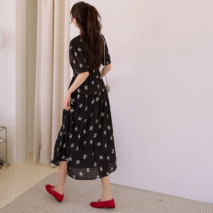 Bellee 正韓 小蝴蝶結腰身綁帶短袖混紡洋裝 (2色) 【0423-42】 | Yahoo拍賣