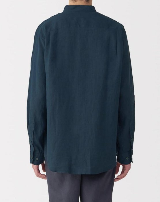 ＊一元起標無底價＊全新專櫃真品MUJI無印良品雜誌型男2025夏季型男100%純亞麻纖維素材深藍色水洗素面素色立領長袖襯衫/M號市價1390 | Yahoo拍賣