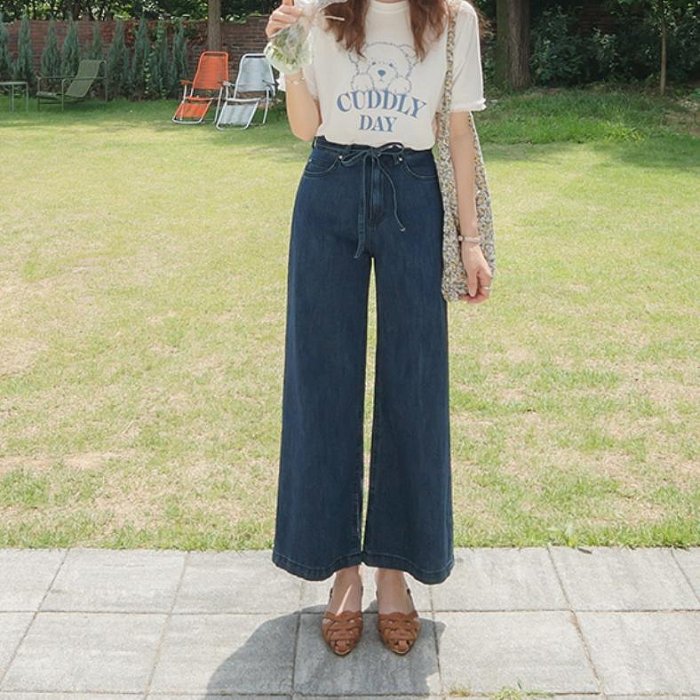 Bellee 正韓 不褪色 輕薄腰綁帶寬管牛仔褲 S-L 【0716-6】 | Yahoo拍賣