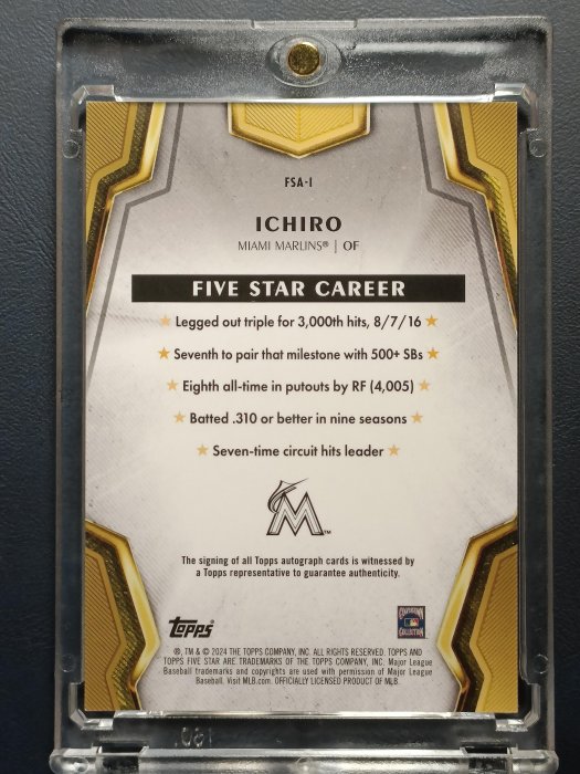 ICHIRO 鈴木一朗 2024 TOPPS FIVE STAR #FSA-I 最新拆出卡面簽名球員卡，一元起標！ | Yahoo拍賣