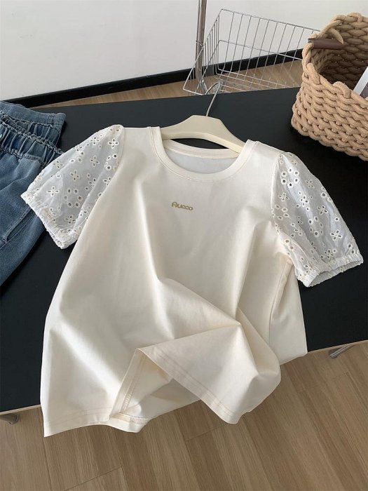 YOHO 鏤空袖拼接短袖T恤 實拍韓系設計款鏤空短袖拼接棉T 短袖上衣 (DXQ298） | Yahoo拍賣