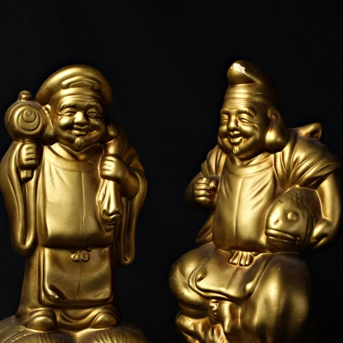 【桑園の】日本 金光閃閃 七福神《惠比壽 大黑天》豐饒財神 陶瓷雕件 擺件 T 6168 | Yahoo拍賣