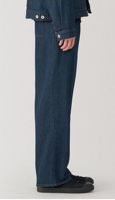 ＊一元起標無底價＊全新真品MUJI 無印良品 雜誌型男當季水洗暗藍色舒適耐用吉貝木棉混帆布料丹寧寬鬆工作寬版長褲/L號市價1390 | Yahoo拍賣
