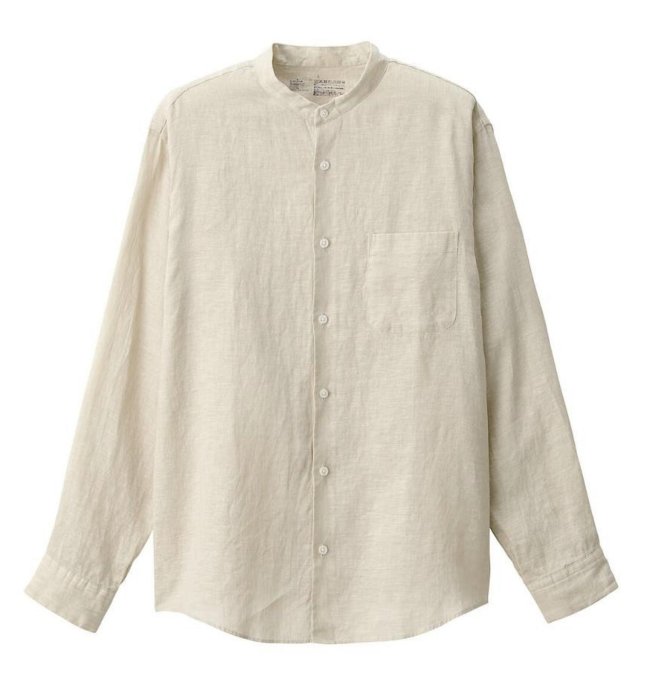 ＊一元起標無底價＊全新專櫃真品MUJI無印良品雜誌型男2025夏季型男100%純亞麻纖維素材淡綠色水洗素面素色立領長袖襯衫/M號市價1390 | Yahoo拍賣