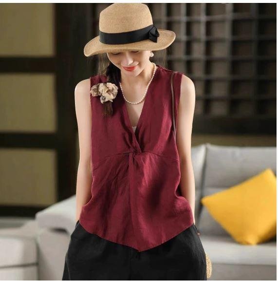 【木棉衣舖】復古砂洗亞麻無袖背心-0615 | Yahoo拍賣