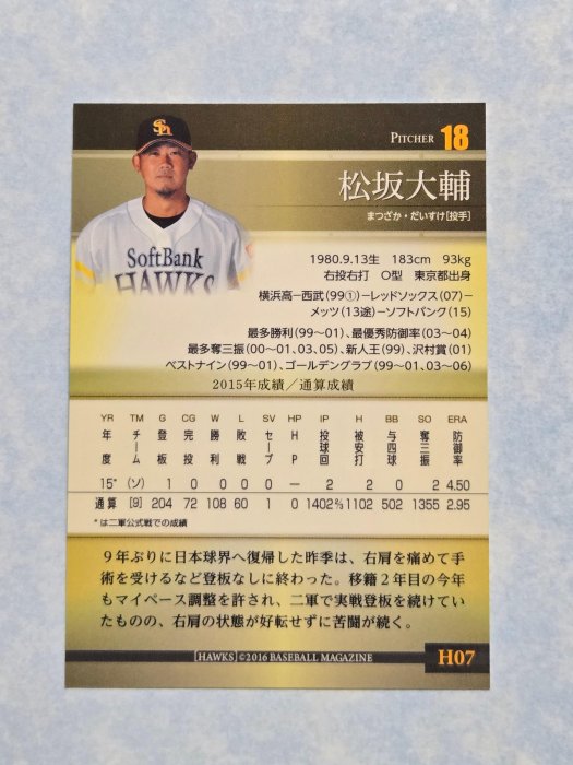 （收藏家的卡）【松坂大輔】2016BBM 軟銀隊卡 | Yahoo拍賣