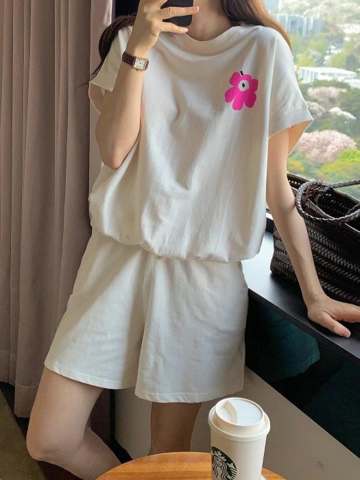 Bellee 正韓 側邊小花朵棉質短褲套裝 (2色)【0417-1】 | Yahoo拍賣