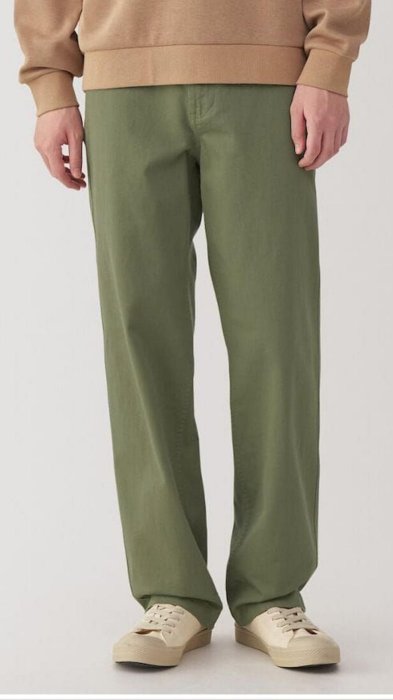 ＊一元起標無底價＊全新真品MUJI 無印良品當季休閒街頭型男時尚有機棉純棉質水洗綾織卡其綠色寬版休閒卡其褲/W33 | Yahoo拍賣