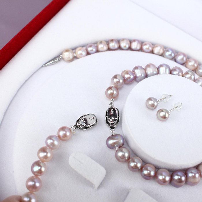 【桑園の】豪華套組~天然真珠 8-9mm 整串 高光粉紫 925銀扣 珍珠項鍊 手鍊 耳環 附證書 (未使用庫存) D 9072 | Yahoo拍賣