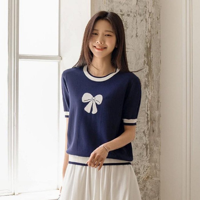 Bellee 正韓 小蝴蝶結圖騰短袖薄針織上衣 (3色) 【0423-38】 | Yahoo拍賣