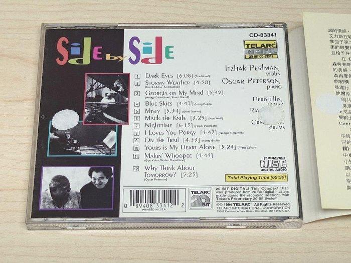 【駱克二手爵士CD】SIDE BY SIDE PERLMAN PETERSON 美國版 側標黃斑&小破損&黏在外殼 專輯頁黃斑&霉點&壓痕 封底黃斑 無IFPI | Yahoo拍賣