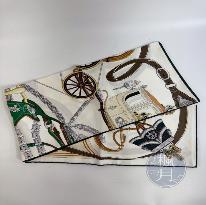 HERMES 白底 綠馬頭 STATELY WHEELS 絲巾 90x90 | Yahoo拍賣