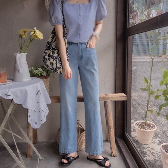 Bellee 正韓 涼感特殊材質 清涼仲夏輕柔後鬆緊寬管牛仔褲 S-L 【0707-96】KL | Yahoo拍賣