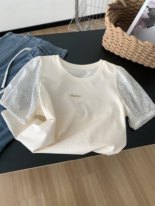 YOHO 鏤空袖拼接短袖T恤 實拍韓系設計款鏤空短袖拼接棉T 短袖上衣 (DXQ298） | Yahoo拍賣