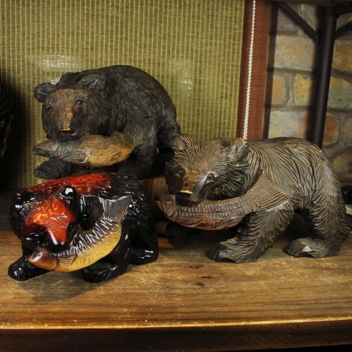 【桑園の】 日本老木雕 捕魚熊家族 三隻一拍 2.6kg 職人手雕 整塊實木 作家款 (委託品) P 5075 A12 | Yahoo拍賣