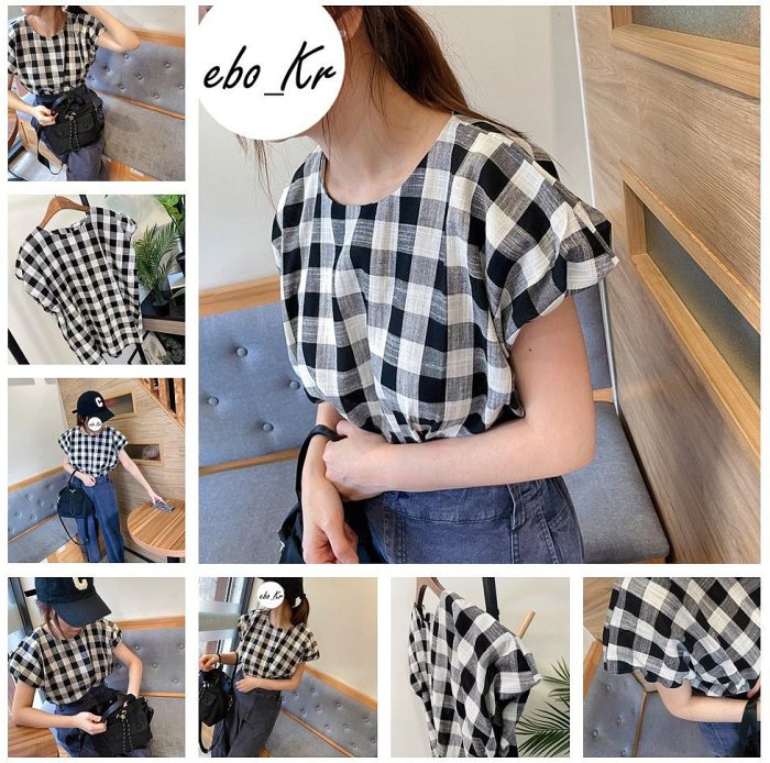 ＊EBO_KR＊韓 透氣感小方格袖縮邊棉麻造型上衣 | Yahoo拍賣