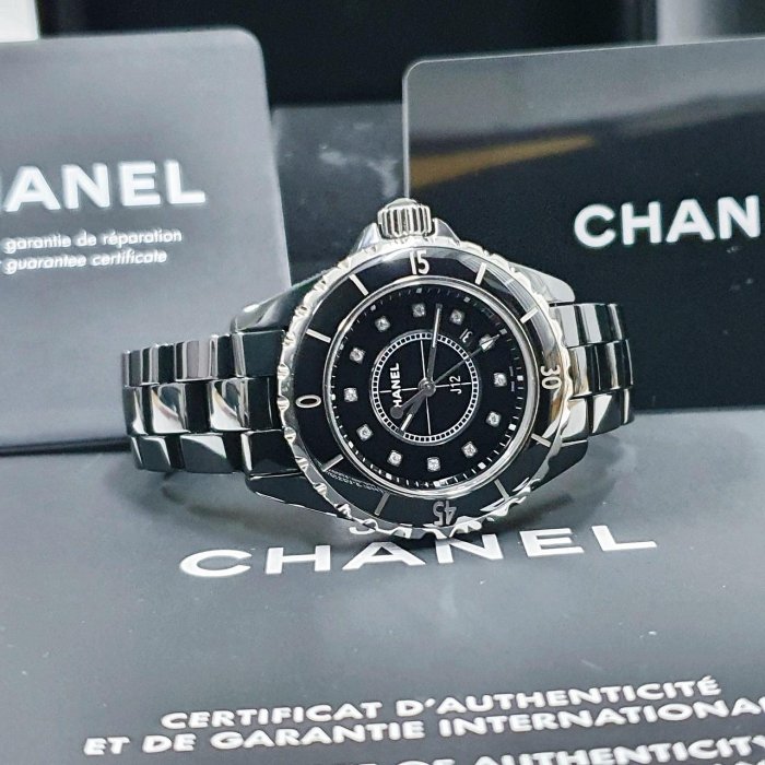 【大眾名錶】CHANEL香奈兒 J12系列 H1625 2016/08 黑陶瓷 鑽石時標 錶徑33mm 石英機芯 大眾當舖B624 | Yahoo拍賣