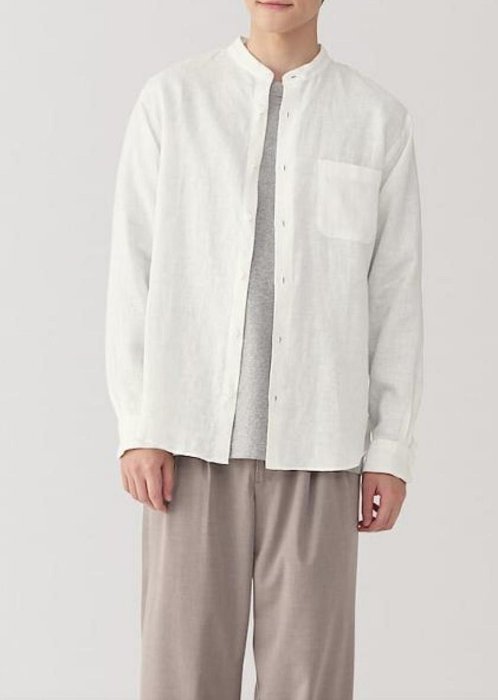 ＊一元起標無底價＊全新專櫃真品MUJI無印良品雜誌型男2025夏季型男100%純亞麻纖維素材純白色水洗素面素色立領長袖襯衫/XL號市價1390 | Yahoo拍賣