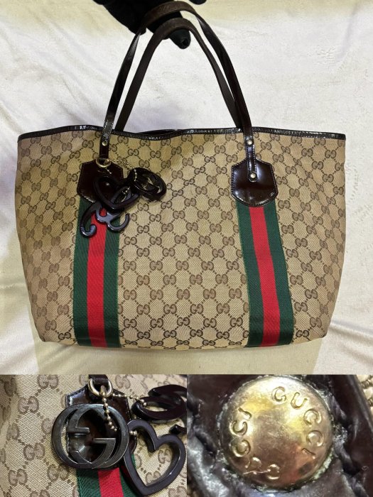 一元競標～ 正品 GUCCI古馳 牛皮Jolie 大號托特包 皮革💗愛心吊飾A4公事包💼側背包 緹花布肩背包 真皮滿版GG中性波特包 精品包 流浪包 隨行包 | Yahoo拍賣