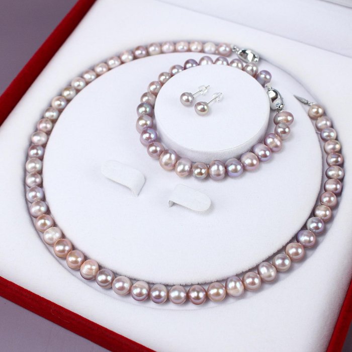 【桑園の】豪華套組~天然真珠 8-9mm 整串 高光粉紫 925銀扣 珍珠項鍊 手鍊 耳環 附證書 (未使用庫存) D 9072 | Yahoo拍賣