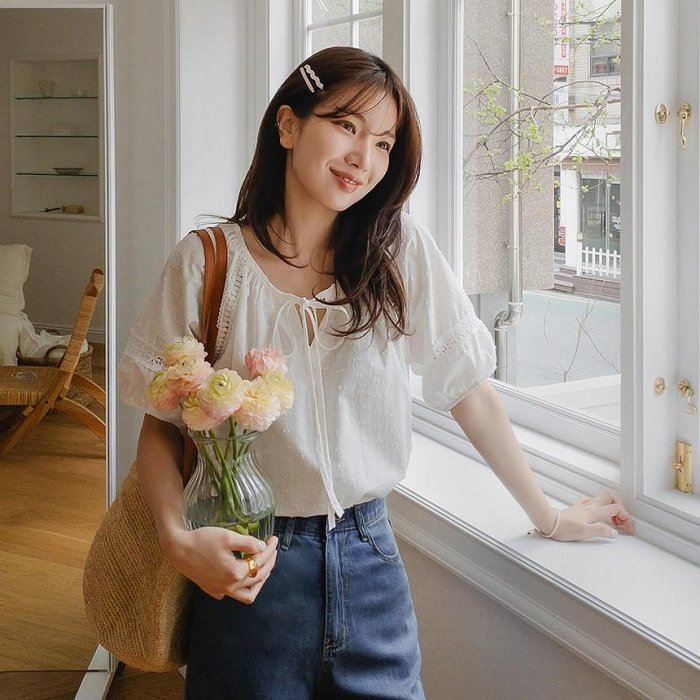 Bellee 正韓 純白女孩 綁帶領蕾絲短袖襯衫上衣 【0509-62】 | Yahoo拍賣