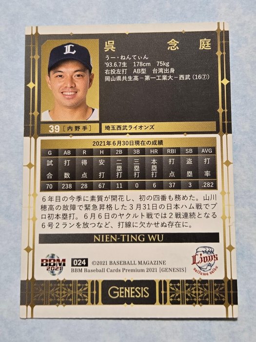 （收藏家的卡）2021BBM GENESIS【吳念庭】西武時期高價版球員卡 | Yahoo拍賣
