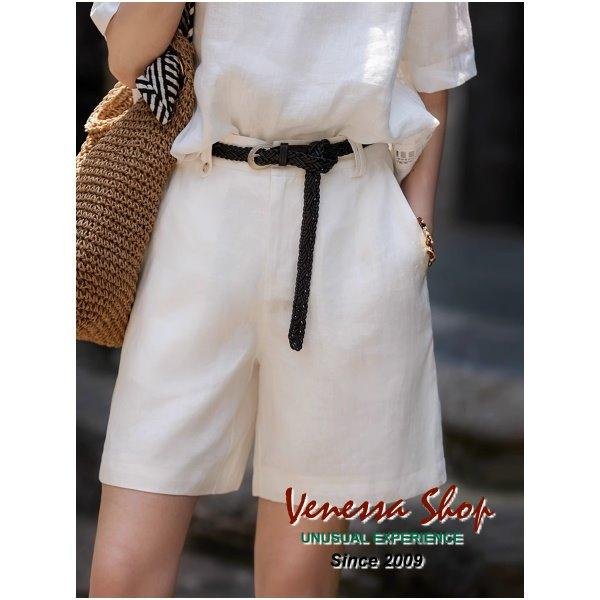 VENESSA~ 高端有氧系棉麻褲 MOEX 新款 自在清涼 女の舒適顯瘦亞麻短褲 五分褲 附腰帶 3色 (U2061) | Yahoo拍賣