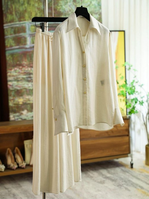 巴黎小時光一間外貿老店 ️️ 智性老錢風~垂挺有骨感！ 極簡Row亮絲襯衫時尚套裝褲 春 0109 YT | Yahoo拍賣