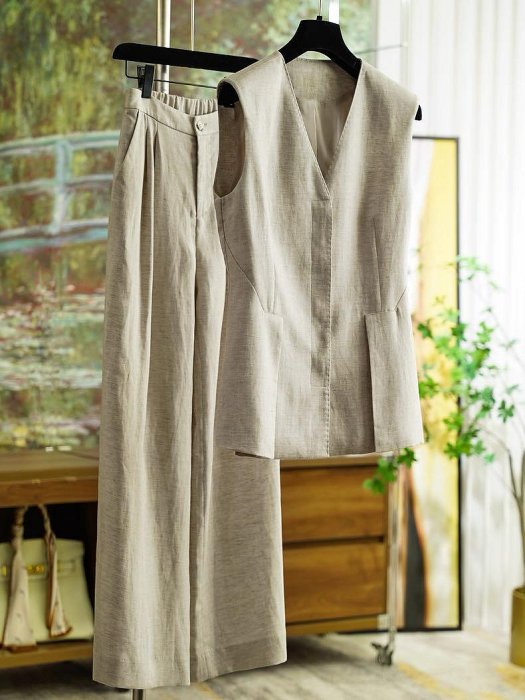 巴黎小時光一間外貿老店 ️ YT 高管姿態~簡而精~G**da夏季新款亞麻直筒馬夾時尚套裝褲0725 | Yahoo拍賣