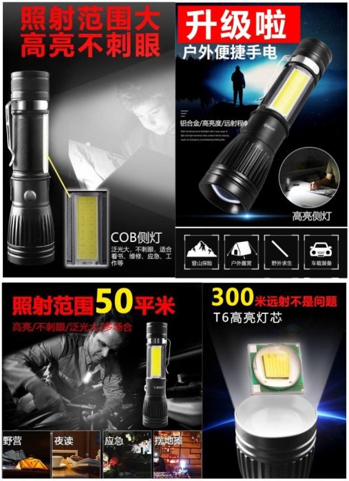 【購生活】雙光源 T6 COB 側燈 USB充電 18650 4檔 強光手電筒 手電筒 變焦 L2 P50 充電電池 | Yahoo拍賣
