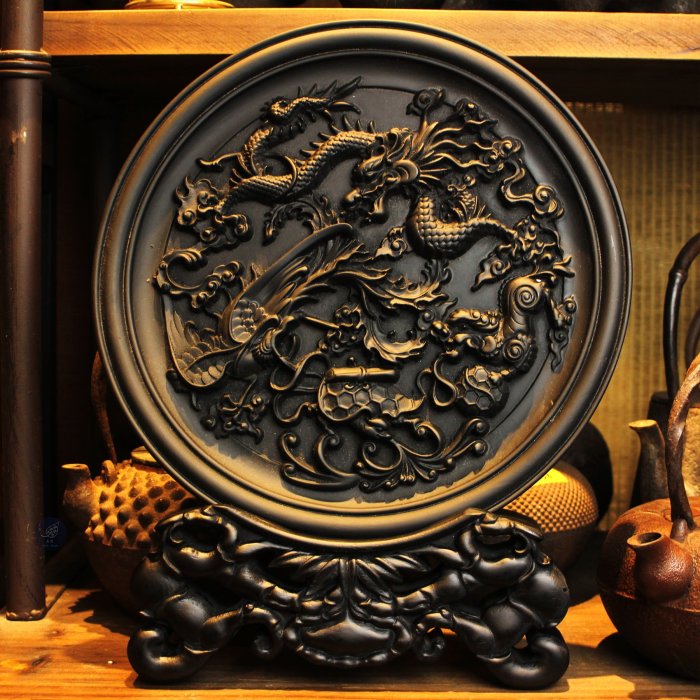 【桑園の】木雕 屏風 大型 29cm 四靈 風水皿 龍 鳳 龜 麒麟 精品 飾皿 Q 8289 | Yahoo拍賣