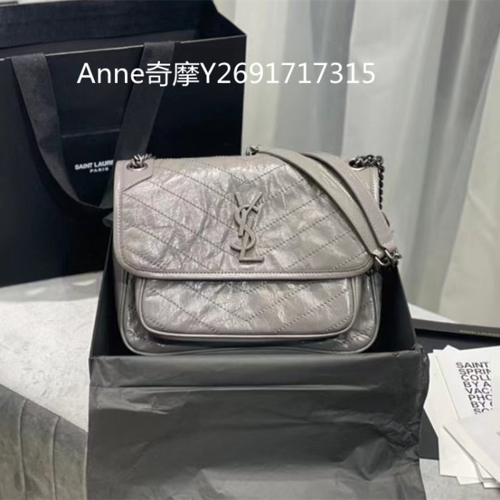 二手正品 YSL 聖羅蘭 NIKI中號 28CM 大象灰色折疊復古皮革手提包 單肩包 斜挎包 633158 現貨 | Yahoo拍賣
