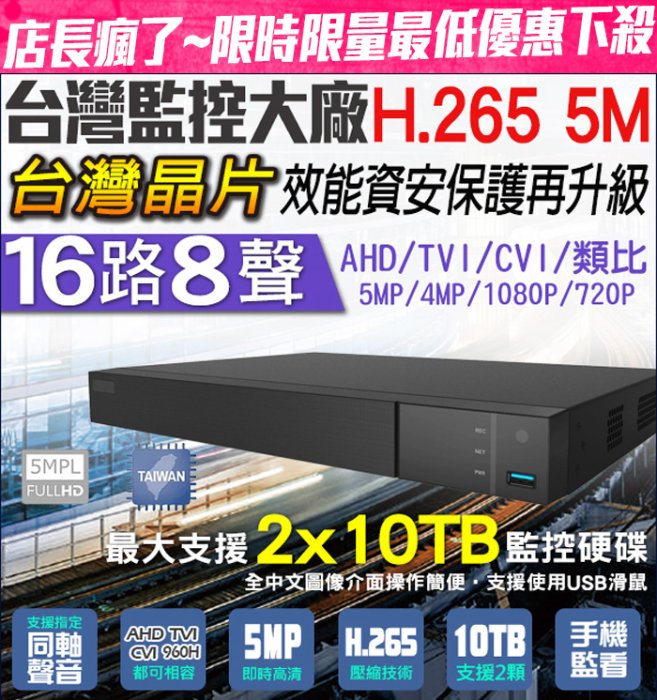 台灣製 監控主機 16路主機16路8聲 500萬 DVR AHD TVI 5MP SuperLive pro 監視器 | Yahoo拍賣