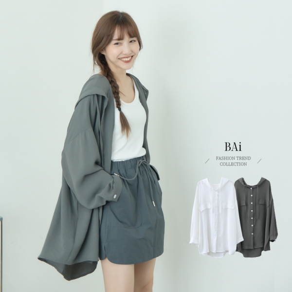 BAi白媽媽 皺皺紋理連帽襯衫／假袋蓋長袖開衫－【350215】 | 長袖 | Yahoo購物中心