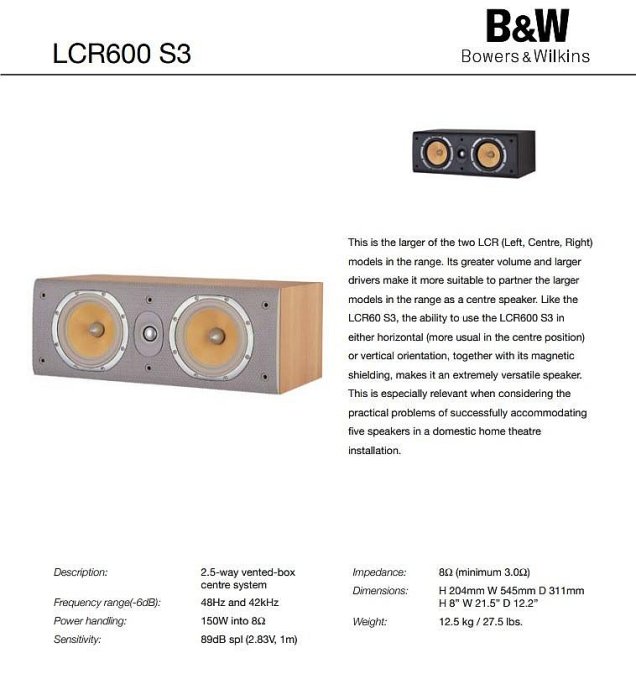 【夢響音響工作室】英國製 B&W LCR 600 S3 鸚鵡螺高音 Kevlar低音 高階中置喇叭 一元起標！！ | Yahoo拍賣