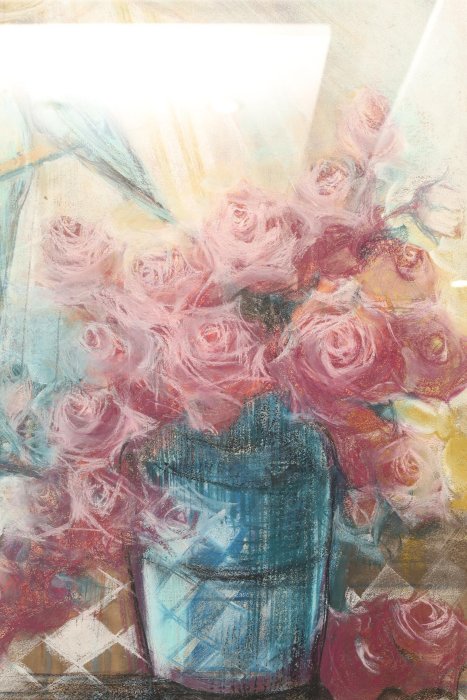 12/28結標 巨幅手繪粉彩 窗前的玫瑰與鸚鵡 XDL0145 -軸畫 茶掛 書法 絹本 山水 花鳥 人物 走獸 植物 室內裝飾 大廳擺飾 古 ...