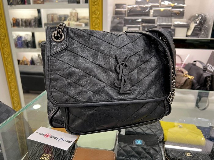 ㊣東區正精品㊣YSL Saint Laurent Niki 498894 黑色牛皮霧銀鍊斜背包中款 633158 RZ6096 | Yahoo拍賣