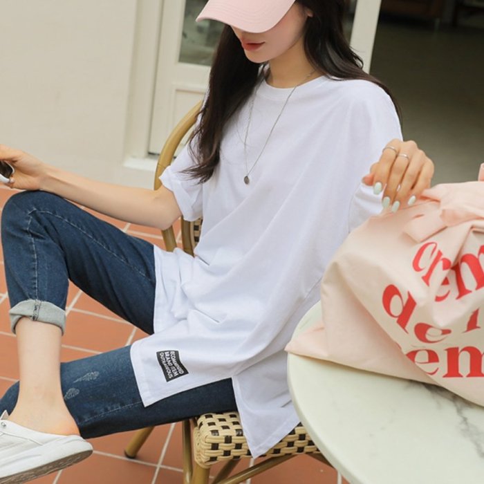 Bellee 正韓 下擺小布標側開衩短袖長版棉上衣 (2色) 【0714-102】 | Yahoo拍賣