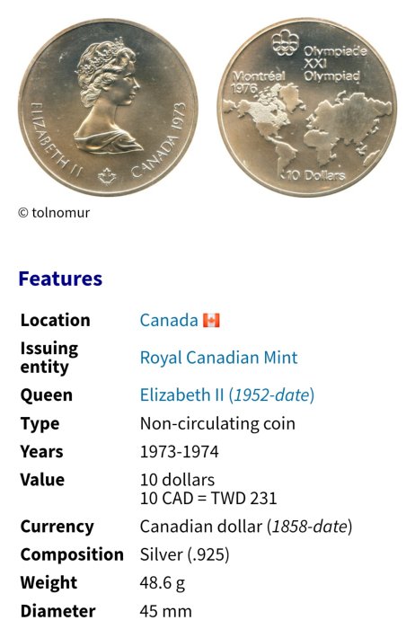 加拿大 1976蒙特婁奧運 10元 1973年 大型銀幣(92.5%銀) 1895 | Yahoo拍賣