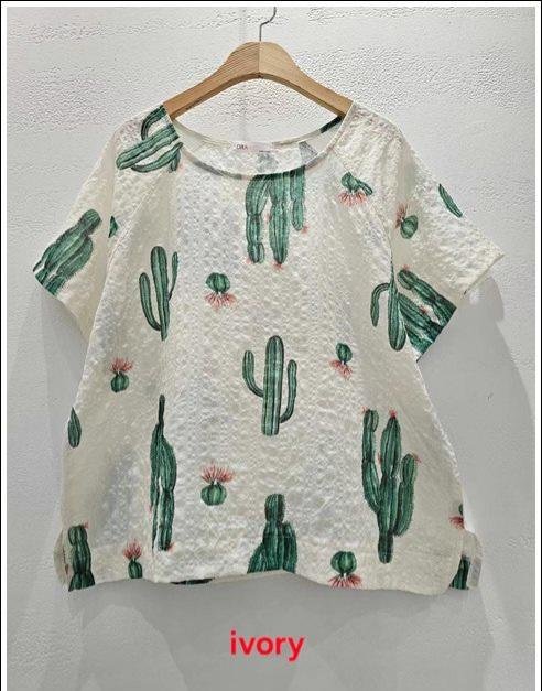 正韓 korea韓國進口ORA米白色仙人掌短袖棉麻衫 現貨 小齊韓衣 | Yahoo拍賣