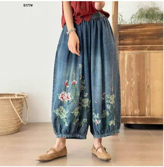 【木棉衣舖】復古薄款重工刺繡牛仔九分褲燈籠褲-0725 | Yahoo拍賣