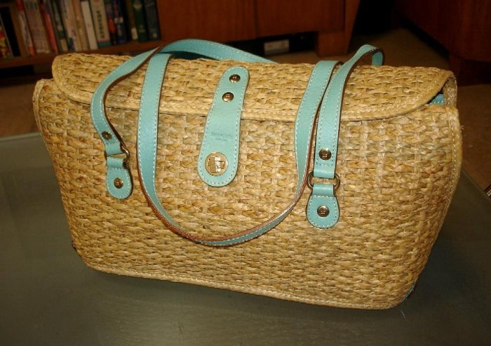 品相新 特殊仕女款 美國Kate Spade 女性 第凡內藍色牛皮+ 前袋+天然草編織材質 前蓋扣式 手提Tote包(特價真品) 40cm | Yahoo拍賣