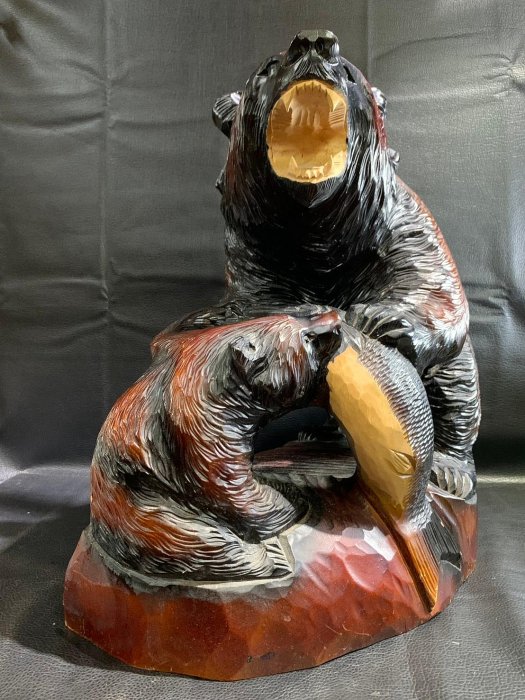 【古玩輕鬆拍】老日本北海道傳統工藝 超巨大親子熊獵魚 原木雕刻置物/大木雕藝術品 高55公分※0509566-226清倉無底價3-1 | Yahoo拍賣